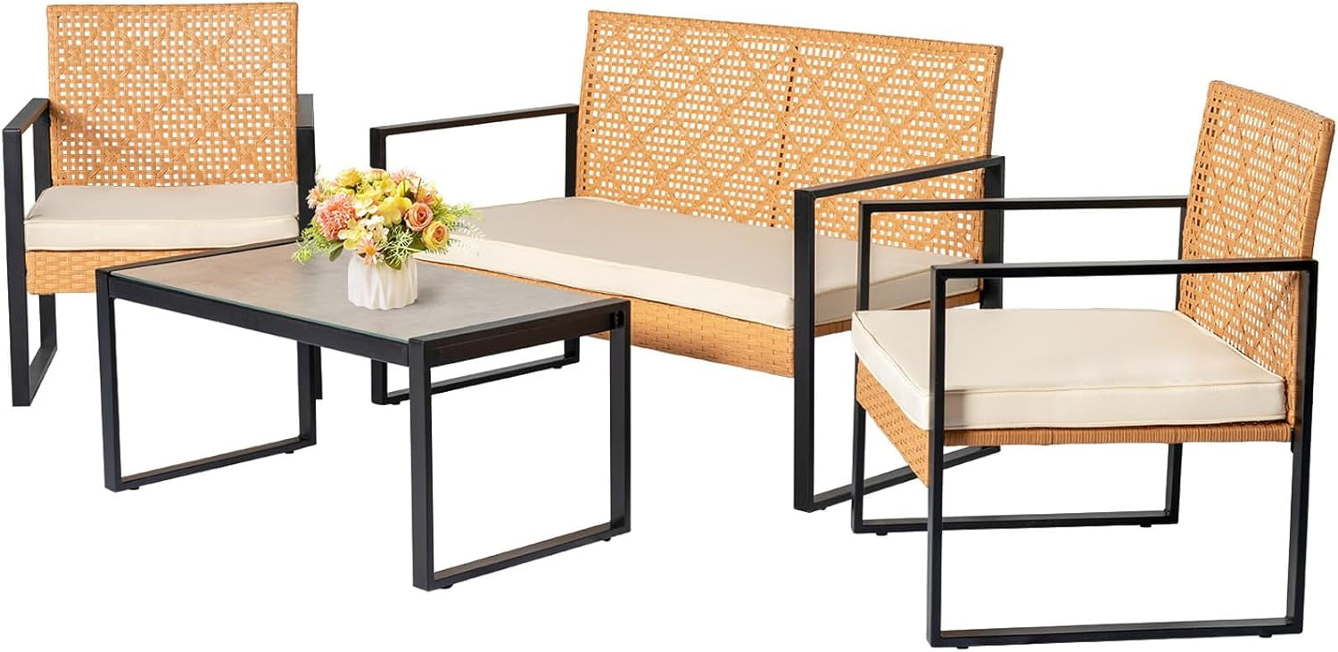 4 Pieces Wicker Patio Set Outdoor Rattan Bistro Conversation Sets with ...