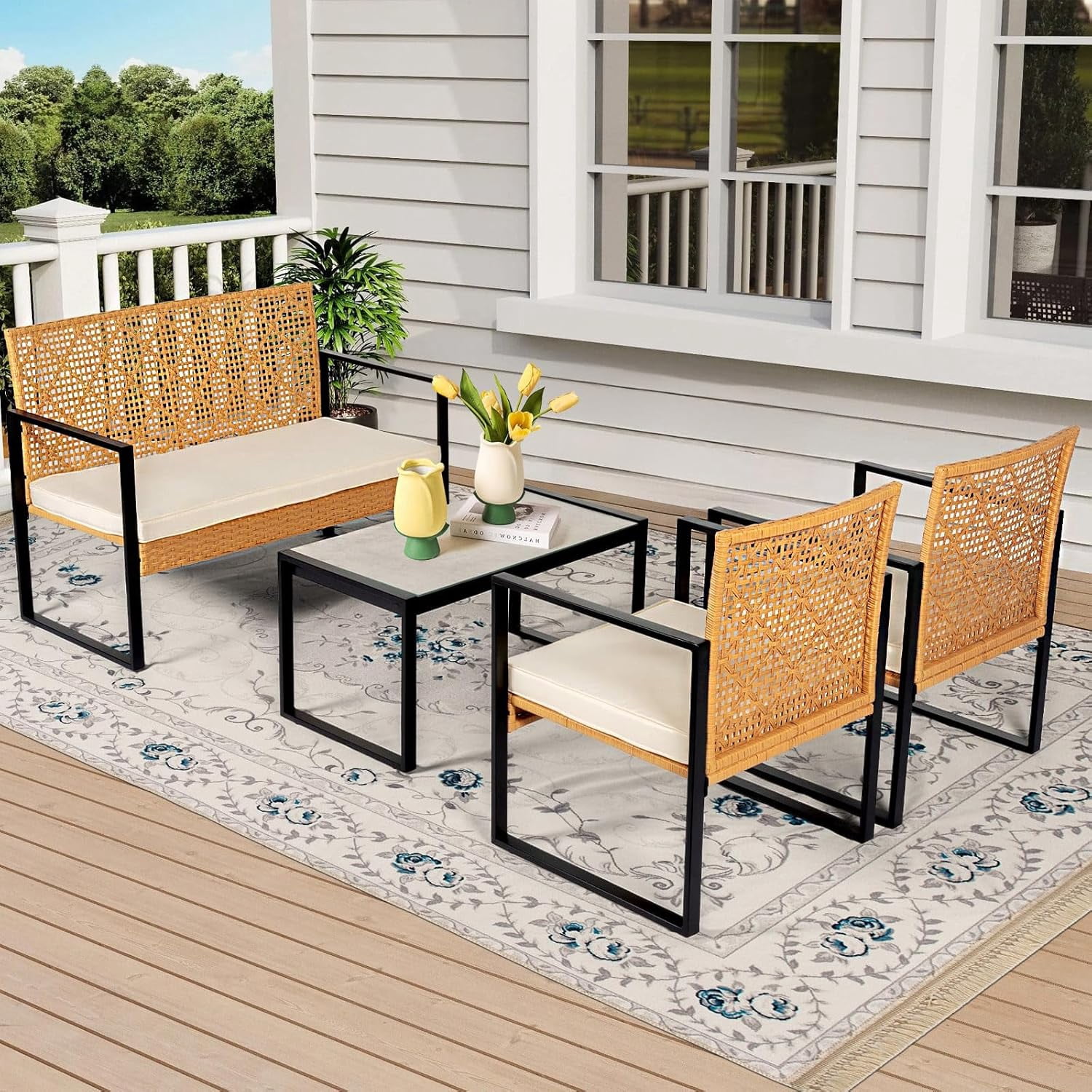 4 Pieces Wicker Patio Set Outdoor Rattan Bistro Conversation Sets with ...