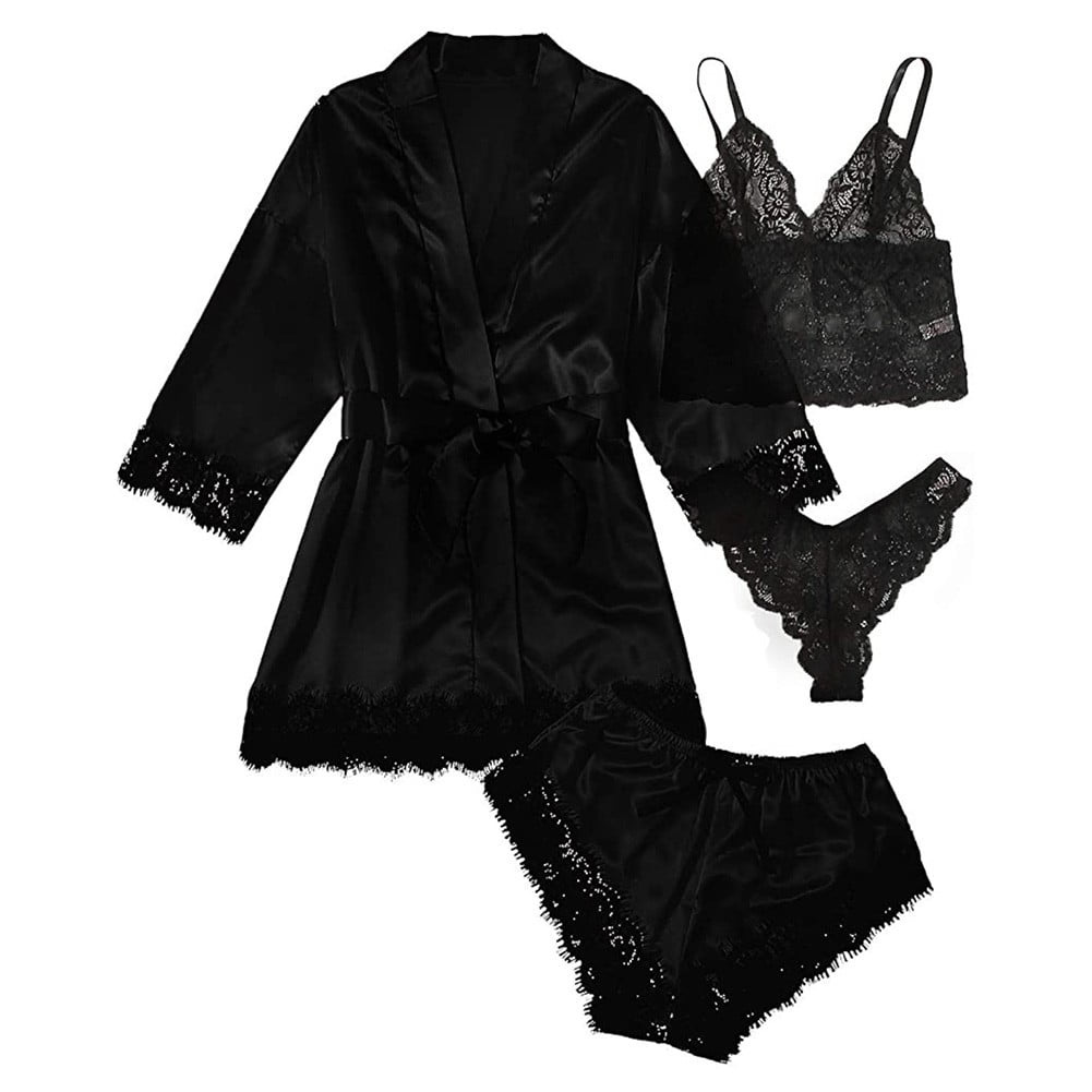 4 Pieces Woman Sleepwear Pajamas Ser With Robe Sexy Lace Lingerie ...