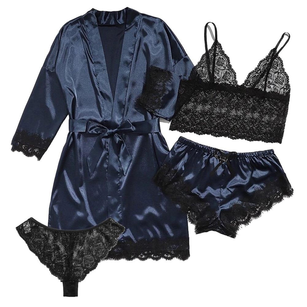 4 Pieces Woman Sleepwear Pajamas Ser With Robe Sexy Lace Lingerie ...