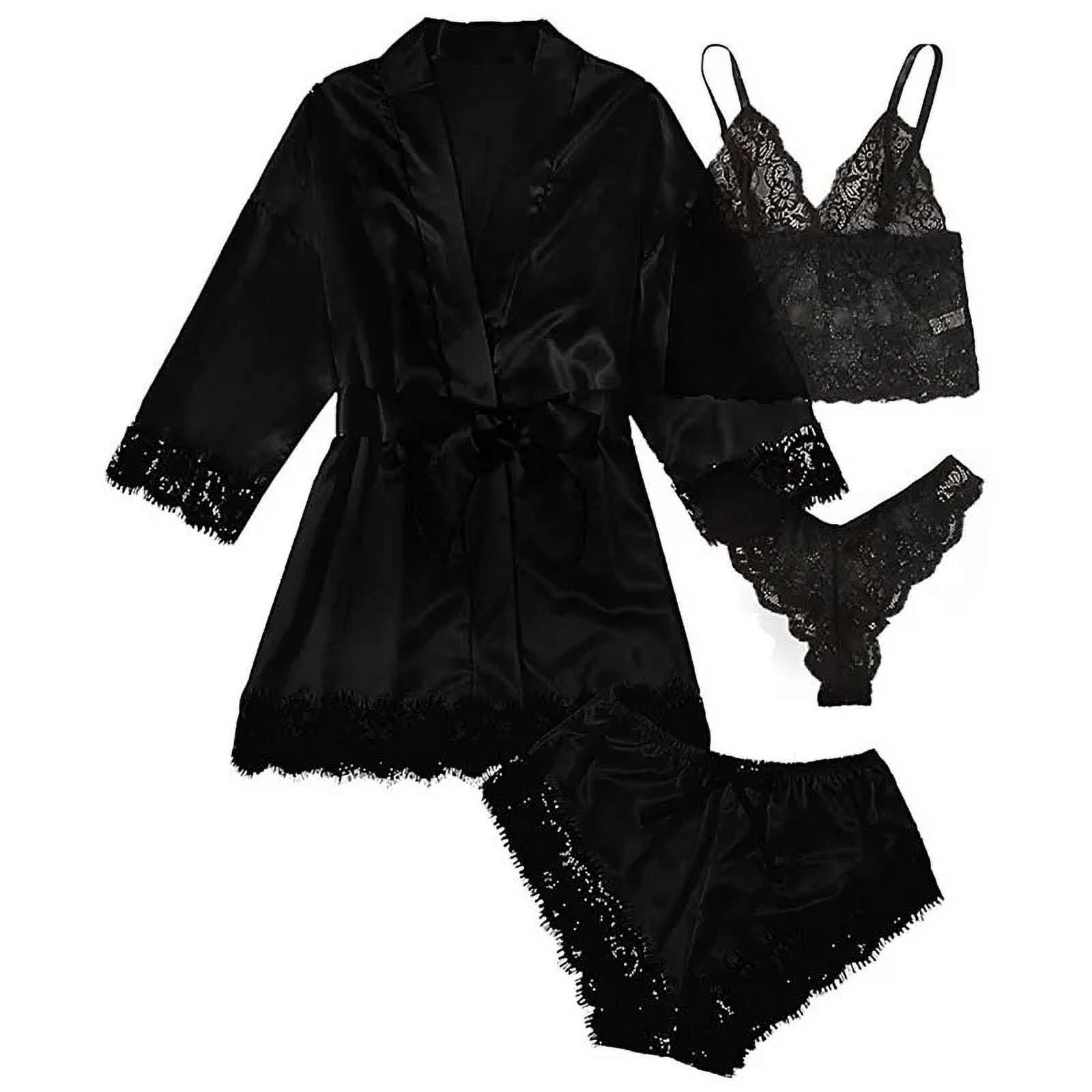 4 Pieces Woman Sleepwear Pajamas Ser With Robe Sexy Lace Lingerie ...