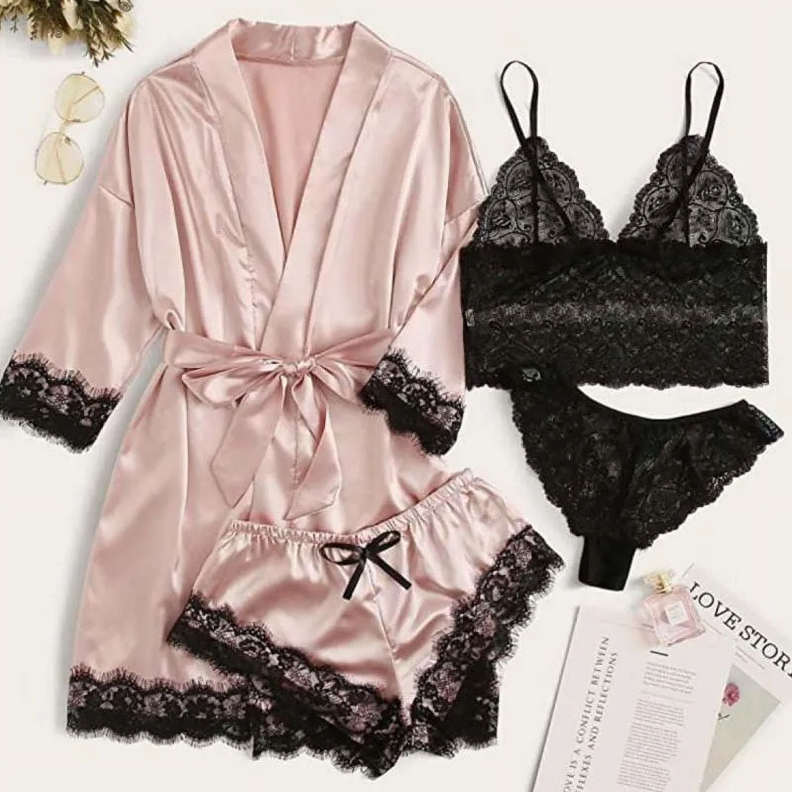 4 Pieces Woman Sleepwear Pajamas Ser With Robe Sexy Lace Lingerie ...