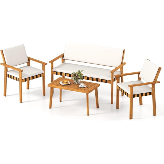 4 Pieces Wood Patio Furniture Set, Outdoor Acacia Wood Cuhioned ...