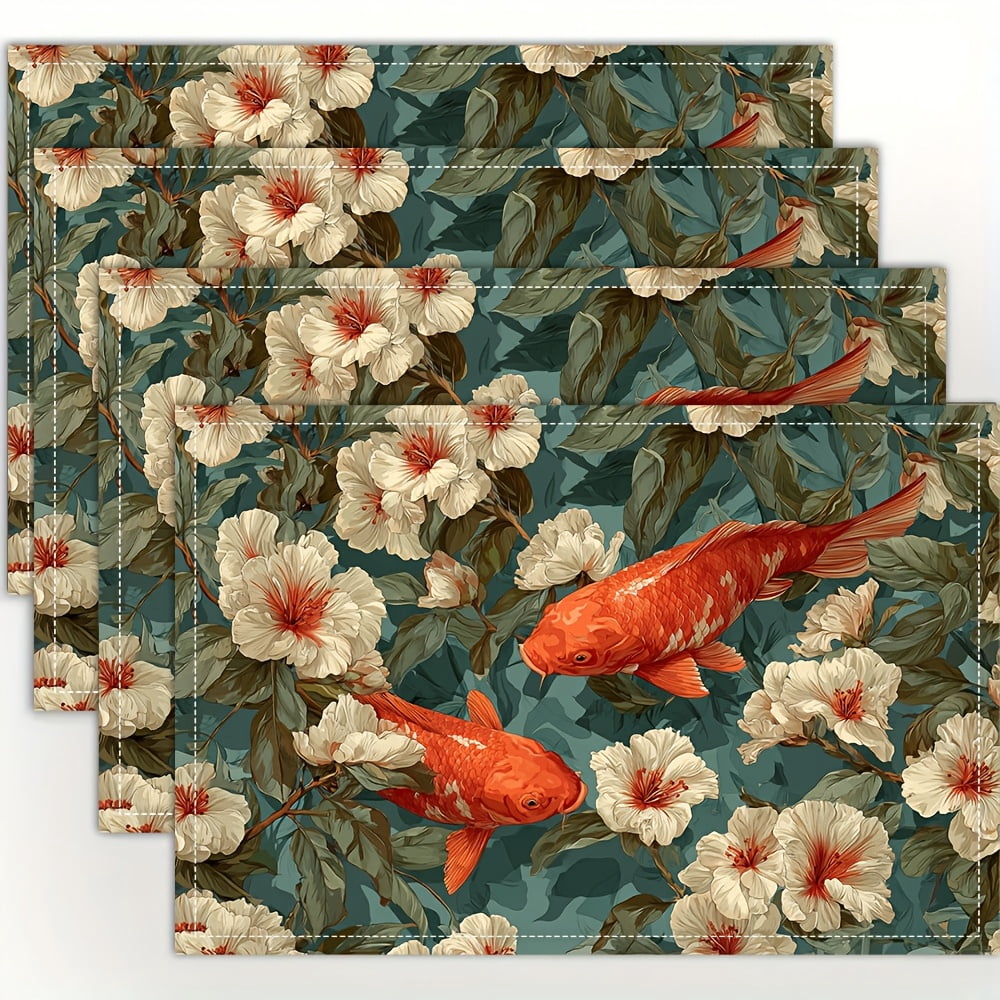 Of 4 Placemats Featuring a Koi Fish And Floral Design, Stylish Table ...