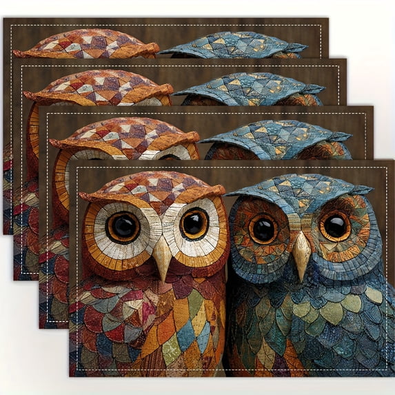 Of 4, Placemats Featuring Patchwork Owls, Stylish Design for Dining ...