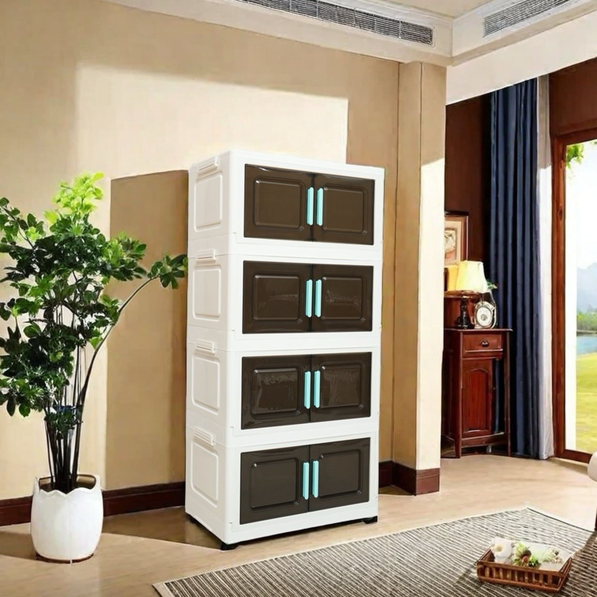 4 Plastic Storage Cabinet With Lids And Easily Movable Curved Wheels ...