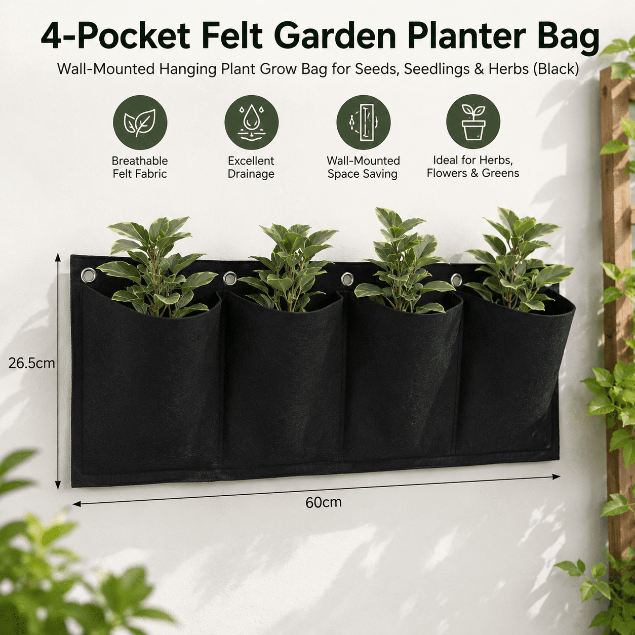 4-Pocket Felt Garden Planter Bag, 60x26.5cm Wall-Mounted Hanging Plant ...