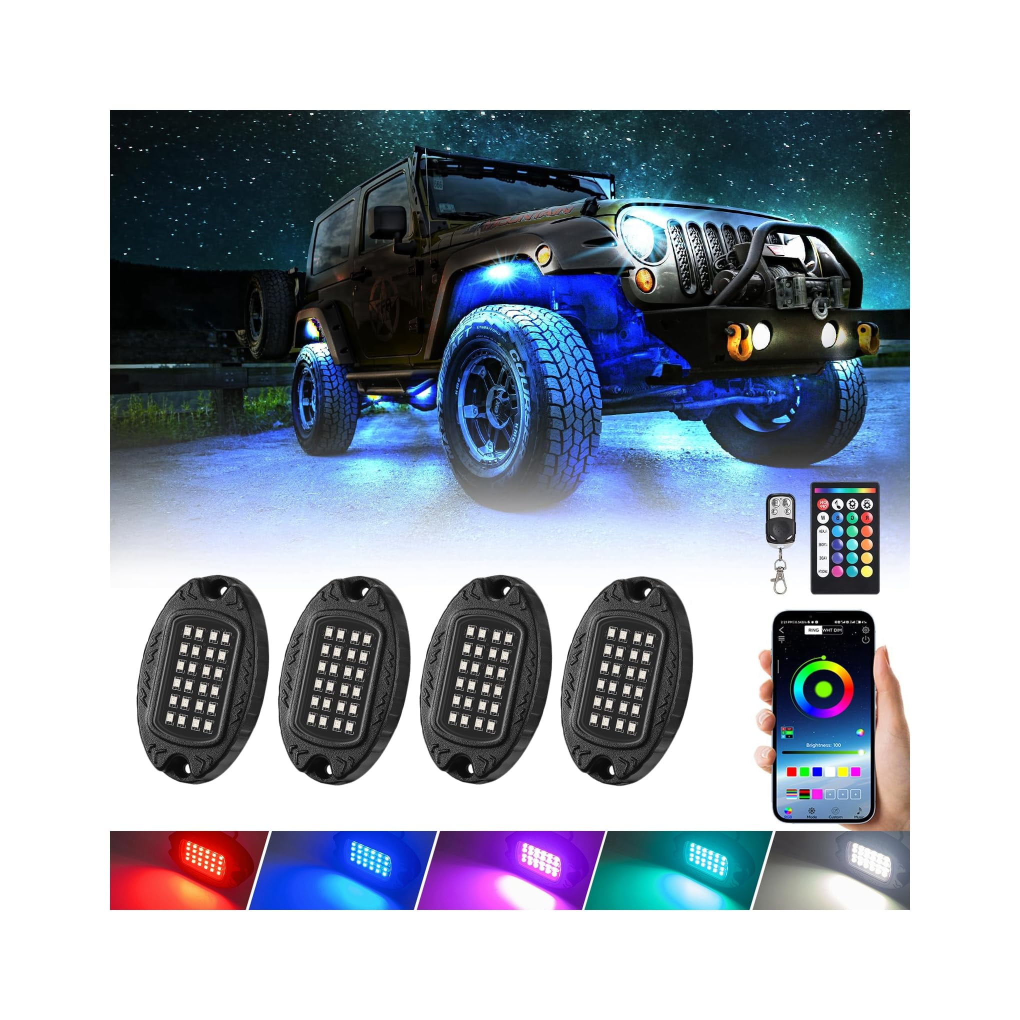 4 Pods Alloy LED MMF7 Rock Lights for ATV UTV Golf Cart Truck RZR SXS, Upgraded Waterproof ...