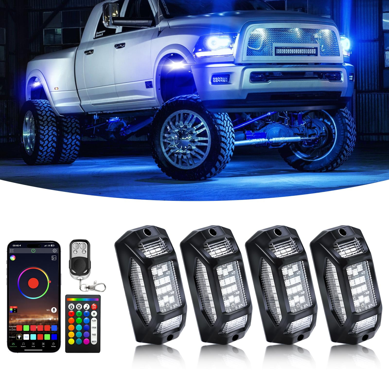 4 Pods MQH2 RGB LED Rock Lights 5 Sides APP/RF Remote Control IP68 Waterproof Underglow Lights ...
