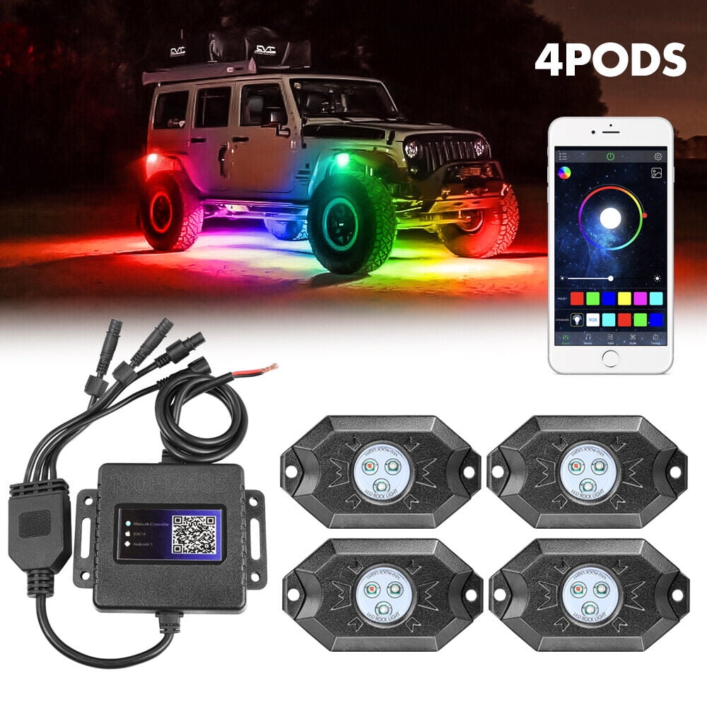 4 Pods RGB LED Rock Lights Chasing Multi Color Bluetooth APP Music UTV ...