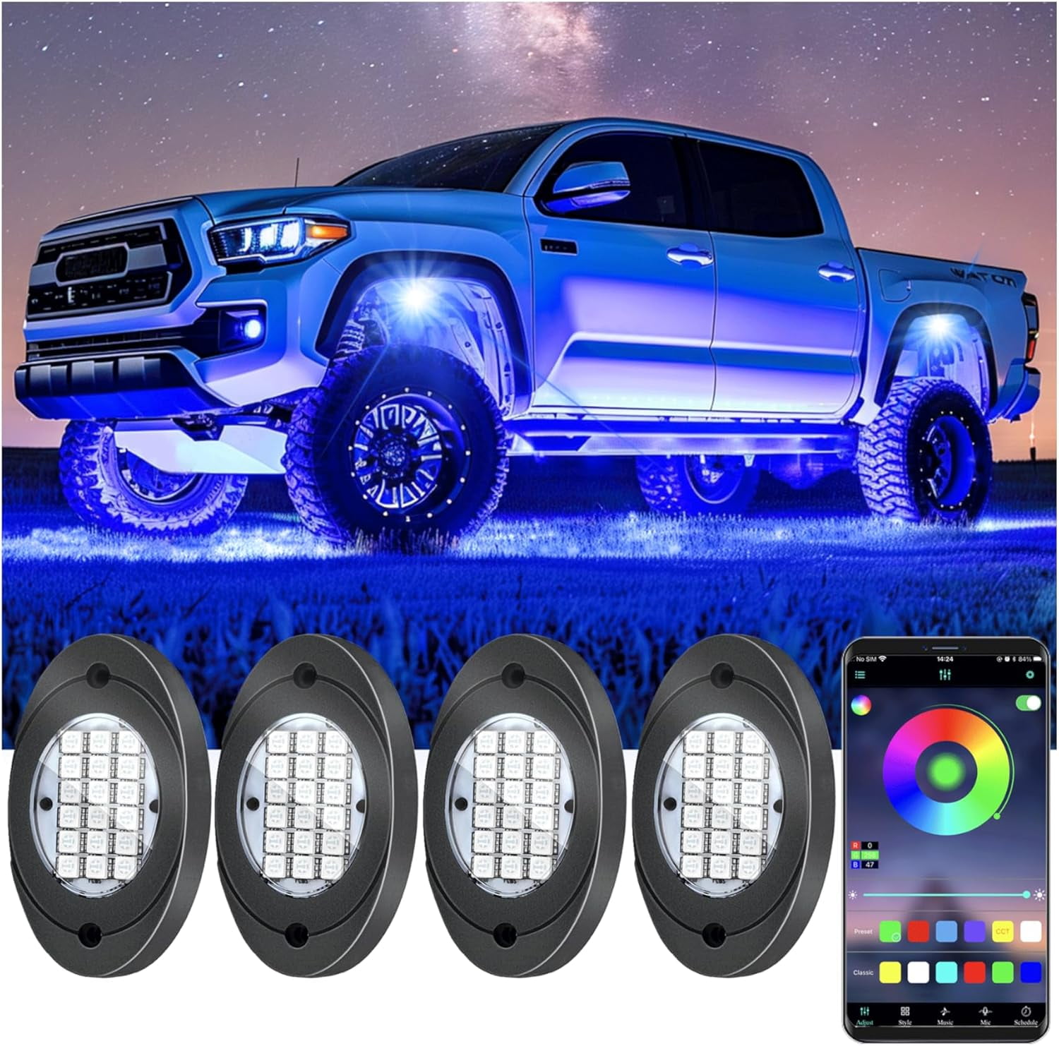 4 Pods RGB LED Rock Lights, Underglow Multicolor Neon Light Kit, Wheel ...