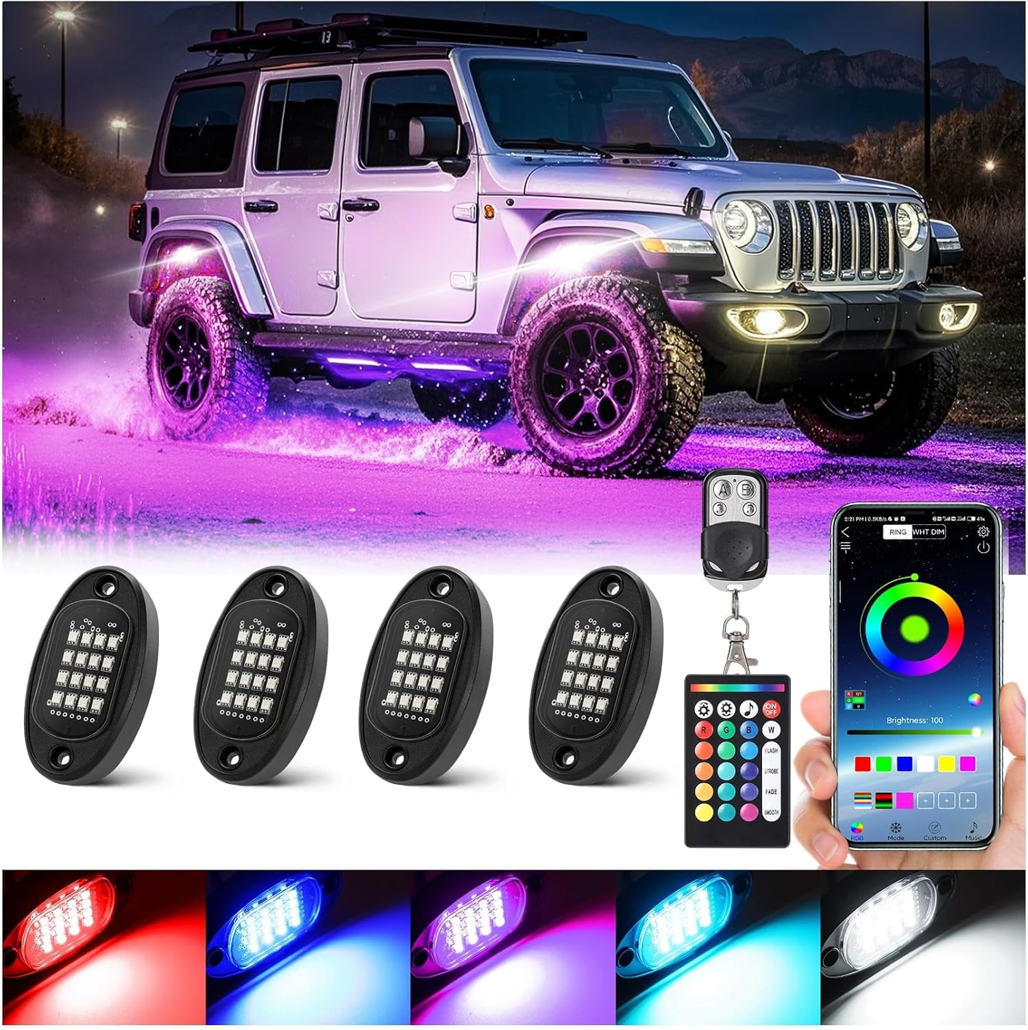 4 Pods Rock Lights with Dual Zone , Multicolor Underglow Lights Kit for ...