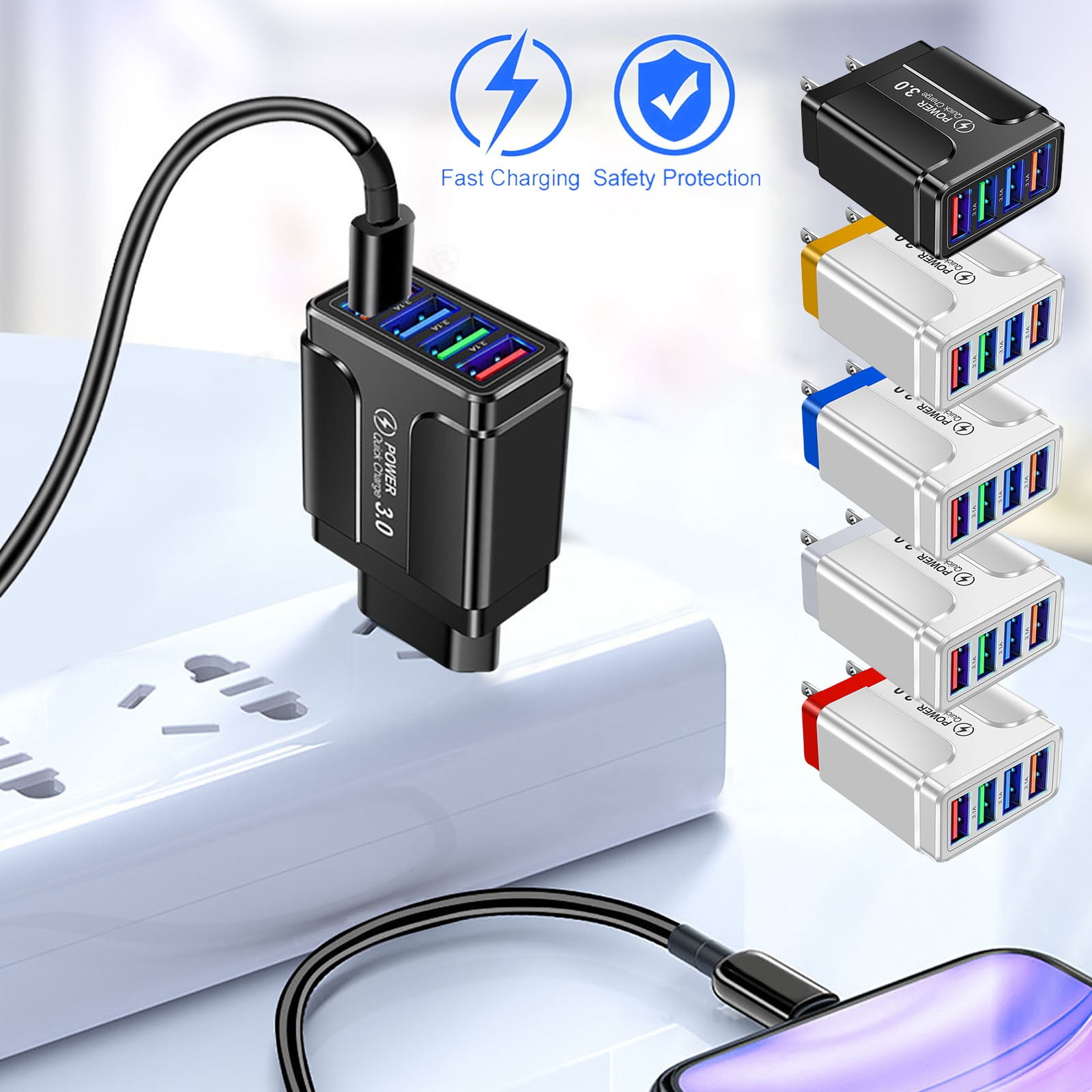 4 Port Fast Quick Charge 3.0 Hub, High-Speed USB Charger, 3.5A Output ...
