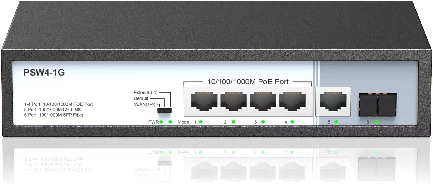 4 Port Full Gigabit PoE Switch with Fiber Unmanaged, 5 Gigabit PoE+ ...