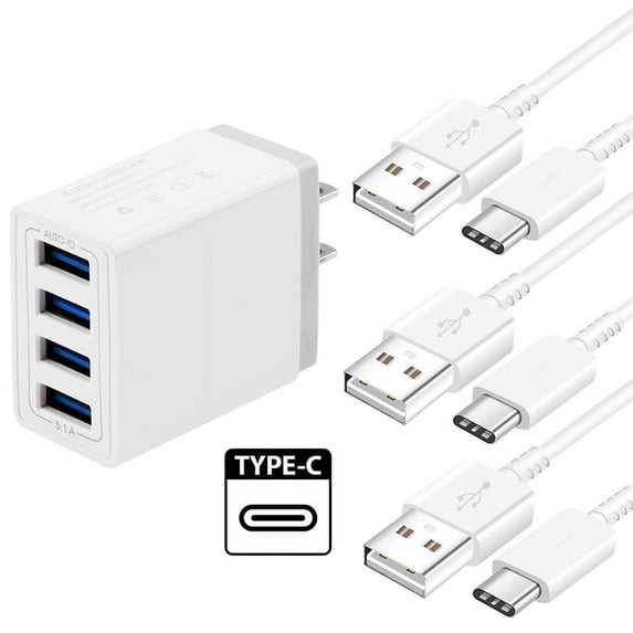 4-Ports USB Wall Charger Power Adapter with (3-Pack) 4.0FT USB Type C ...