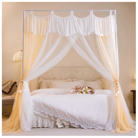 4-Post Bed Canopy With Ruffle Decoration, Double Layer Cozy Mesh ...