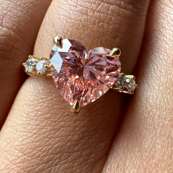 4 Prongs Pink Sapphire Engagement Ring Unique 14K Rose Gold Heart ...