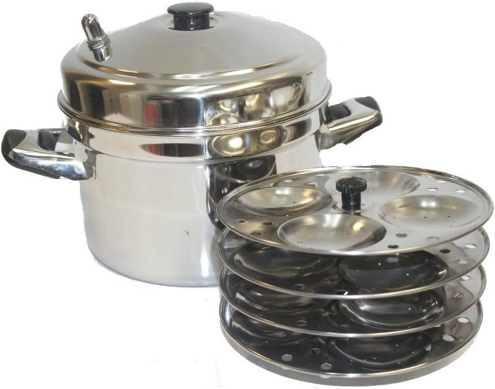 4-Rack Stainless Steel Idli Cooker with Handles, Makes 16 Idlis ...