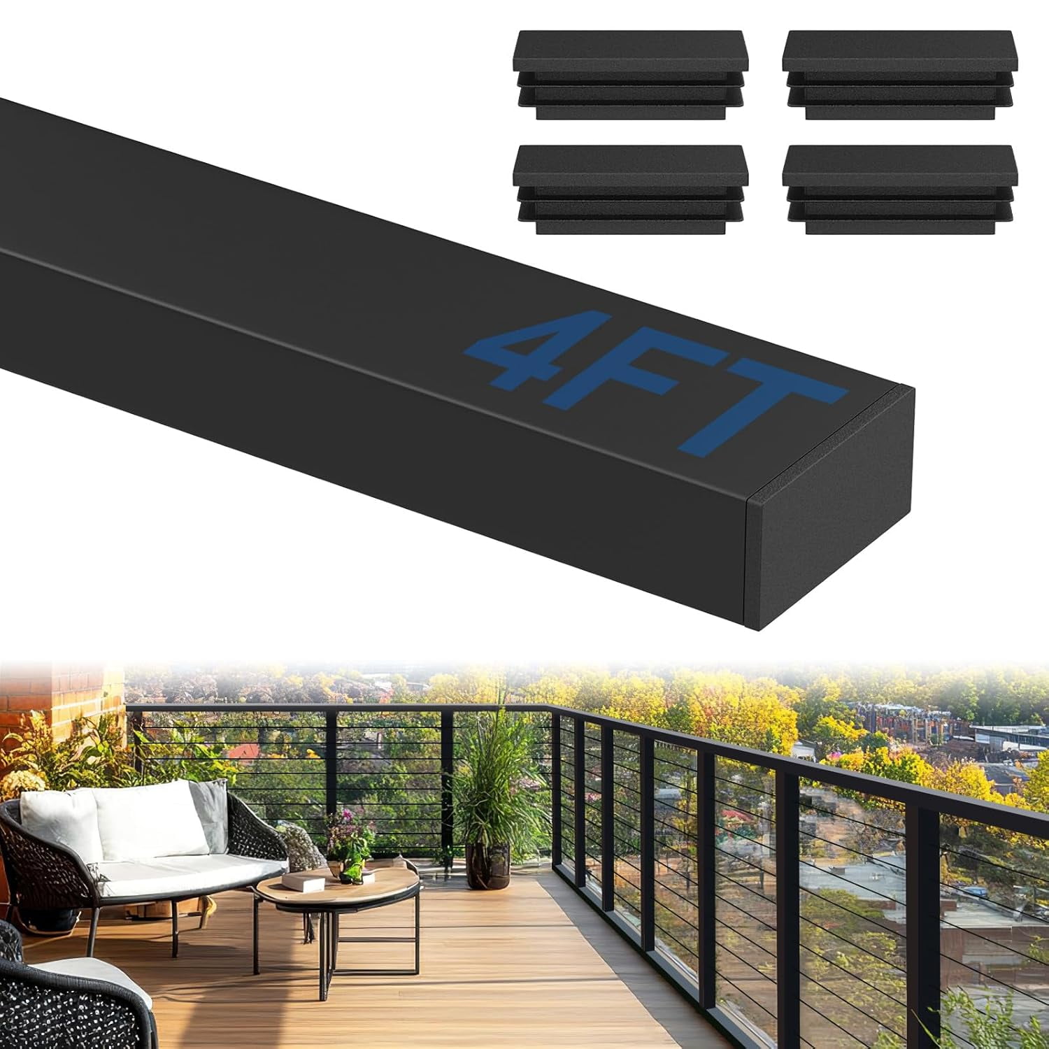 4' Rectangular Cable Railing Handrail, Black Stainless Steel Handrail ...