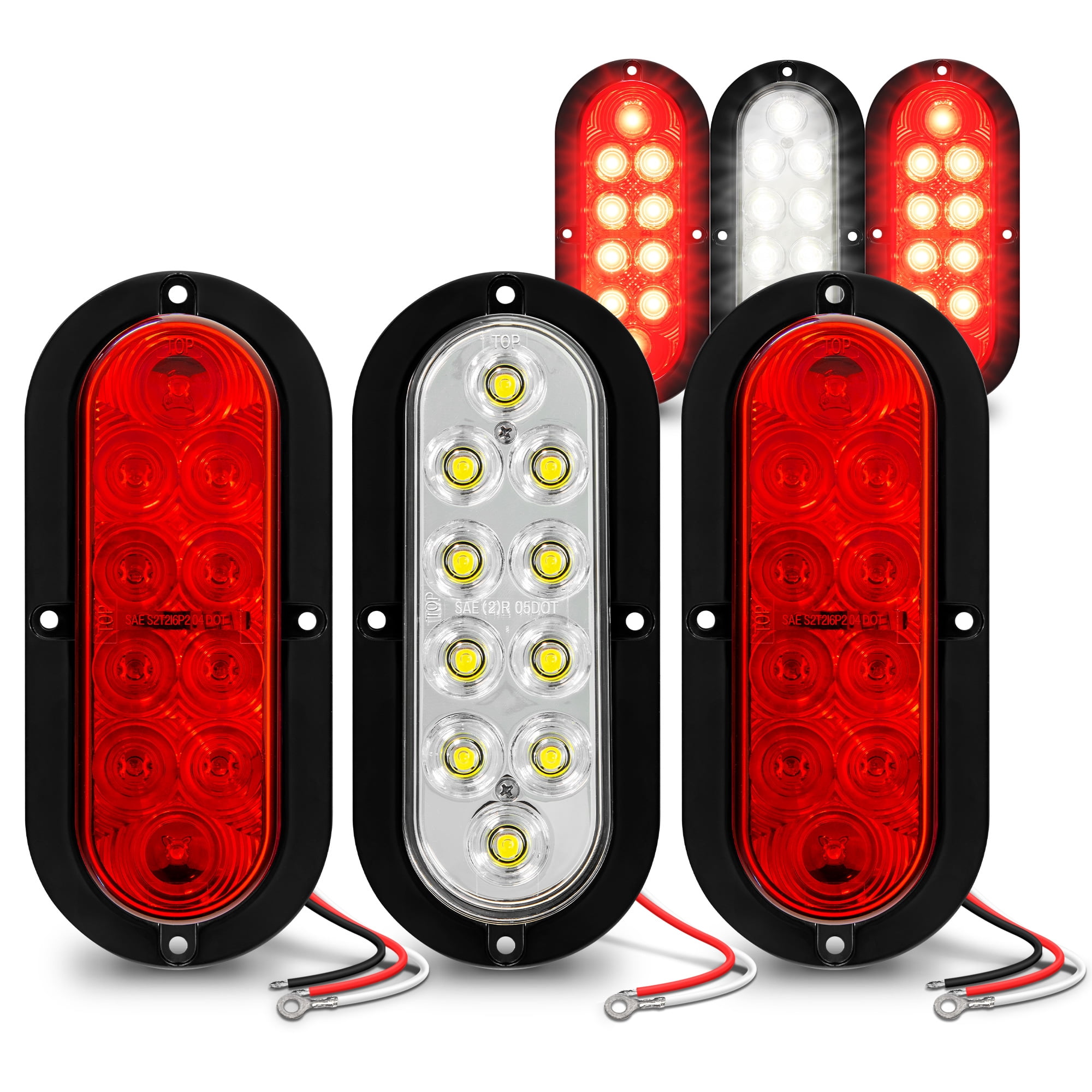 4 Red + 2 White 6" Oval Surface Mount LED Trailer Tail Lights Brake ...