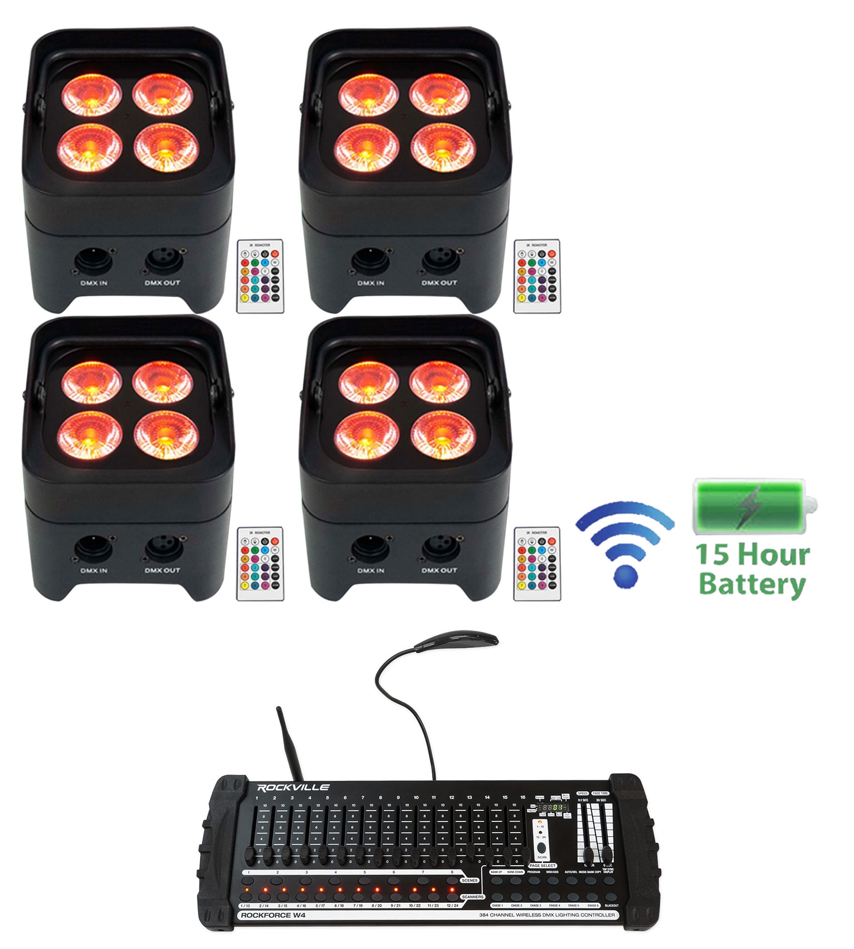 (4) Rockville BEST PAR 50 Battery Wash Lights Wireless DMX+384 Ch ...