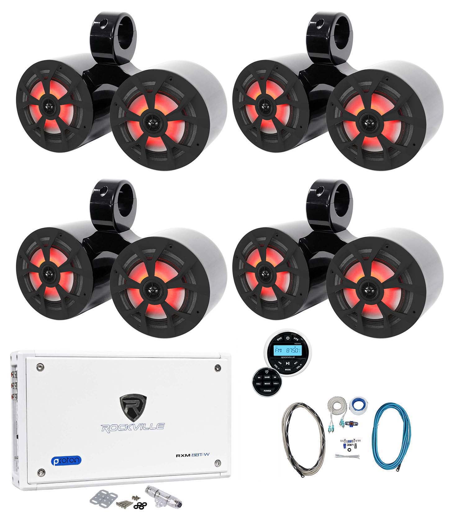 4 Rockville Dual 6.5" Marine Wakeboard LED Speakers+Receiver+Amplifier ...