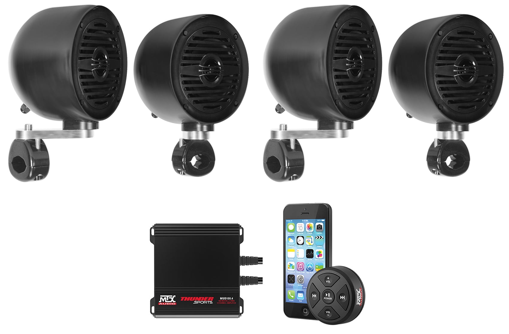 4) Rockville MS40B 4" Tower Speakers+MTX Amp+Bluetooth CTRL For ATV/UTV ...