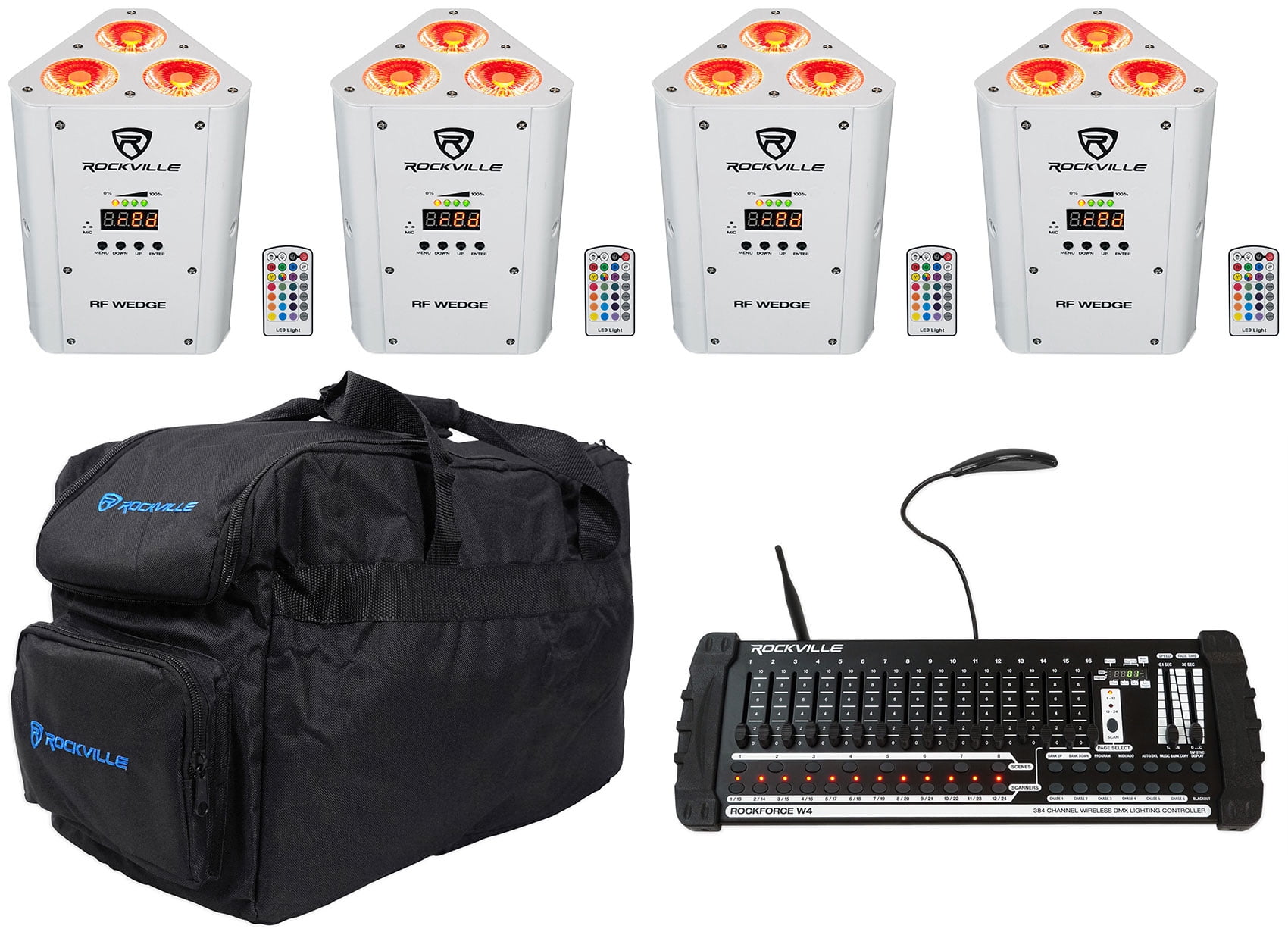 4) Rockville RF WEDGE WHITE RGBWA+UV Wireless DMX Lights+384 Ch ...