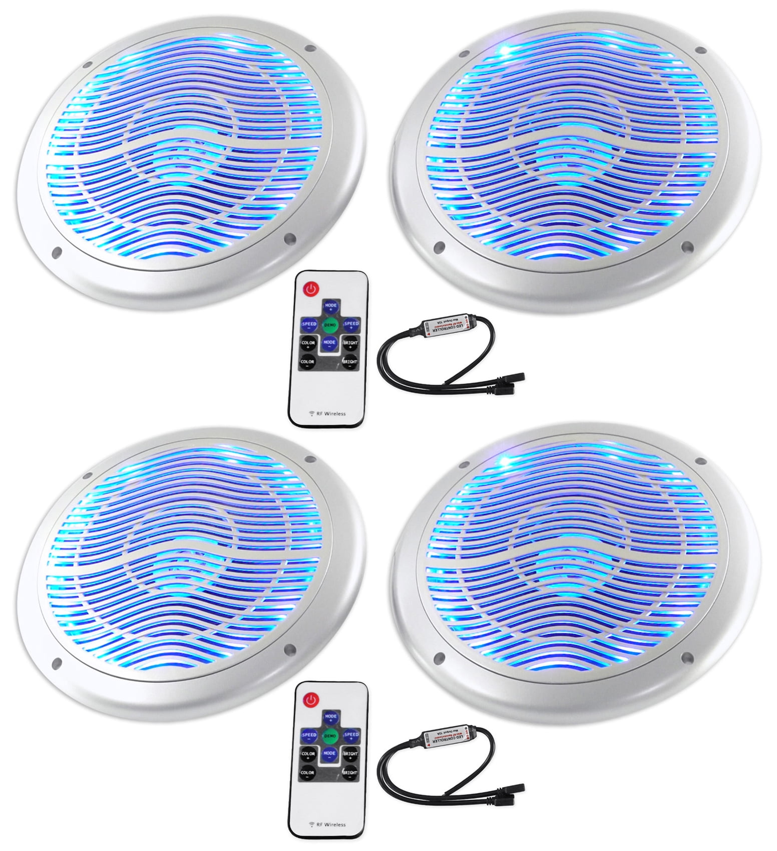 (4) Rockville RMC65LS 6.5" 1200w Silver Marine Speakers/Multi Color LED ...