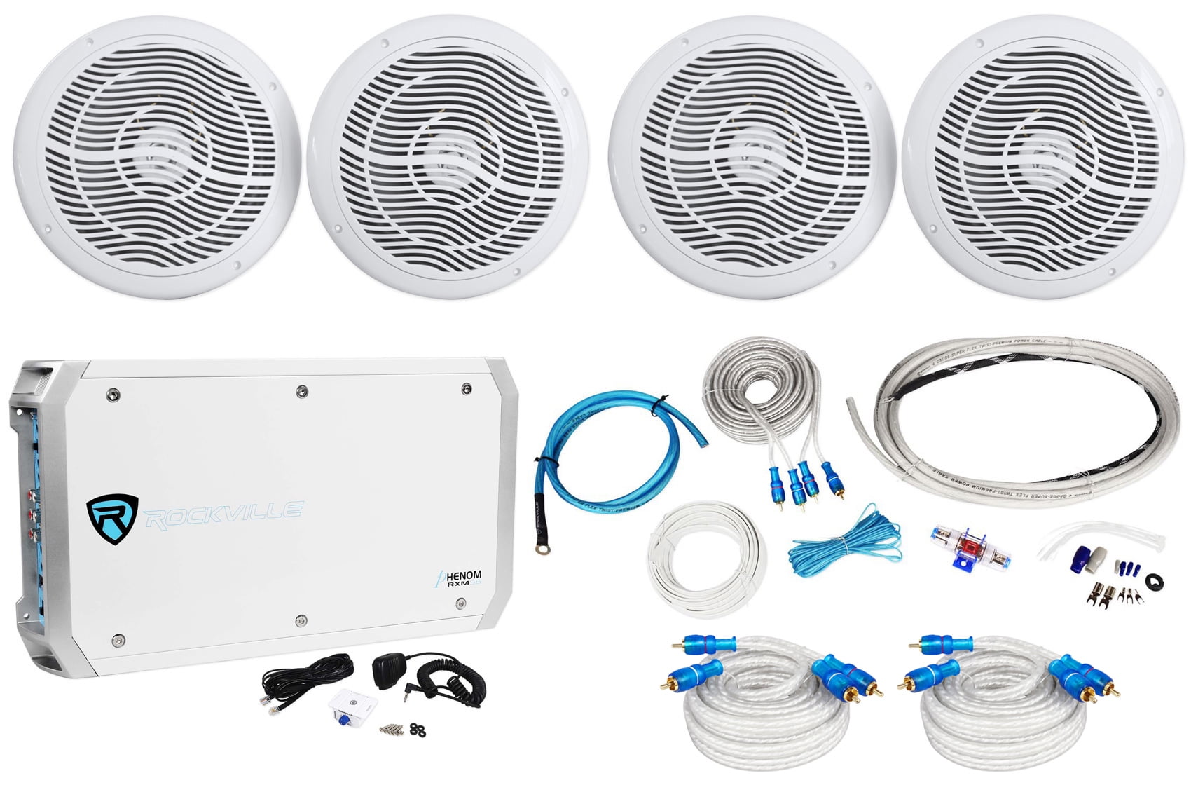 (4) Rockville RMC80W 8" 1600w Marine Boat Speakers+6-Channel Amplifier ...