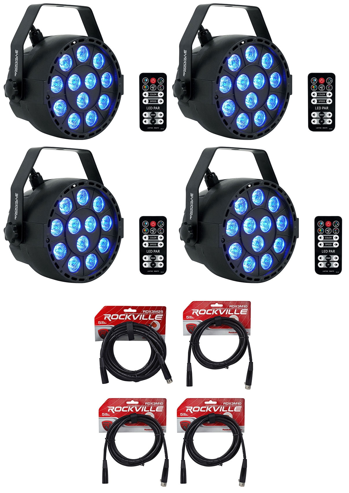4 Rockville RockPAR TRI LED RGB Par Cans DJ Black DMX Wash Lights ...