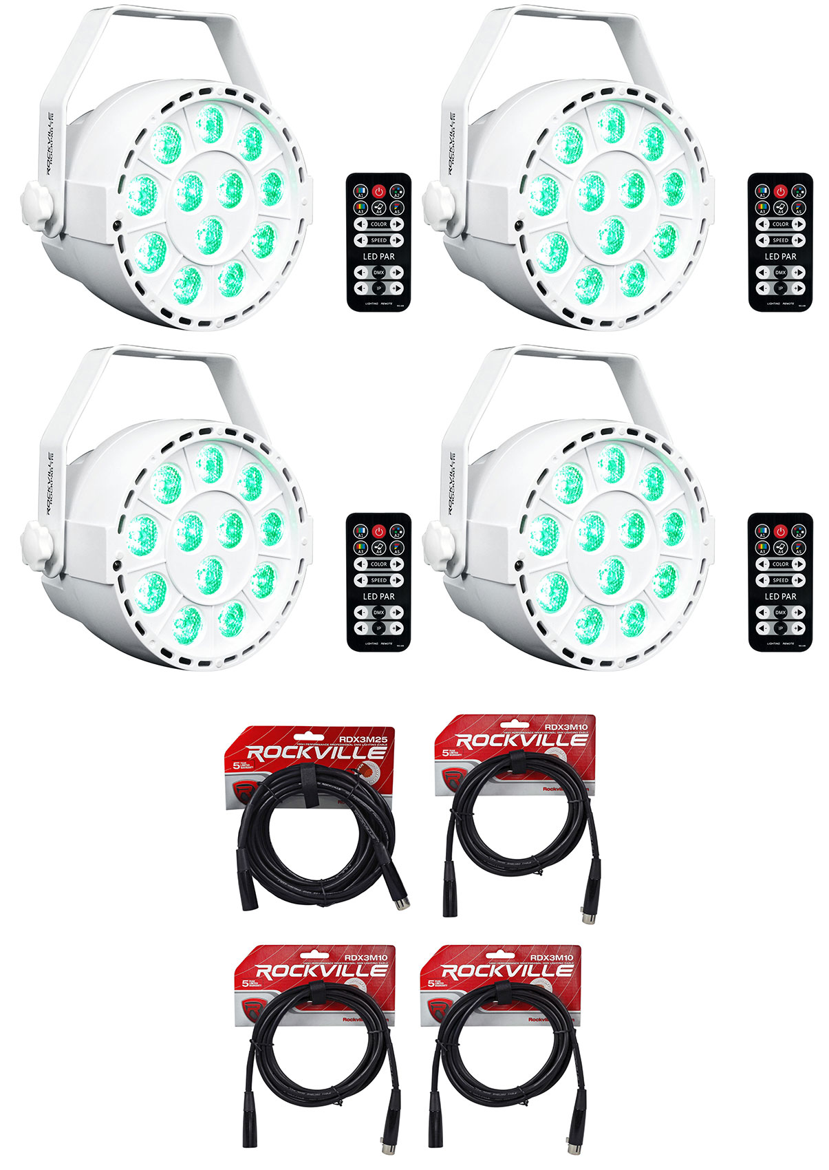 4 Rockville RockPAR TRI LED RGB Par Cans DJ White DMX Wash Lights ...