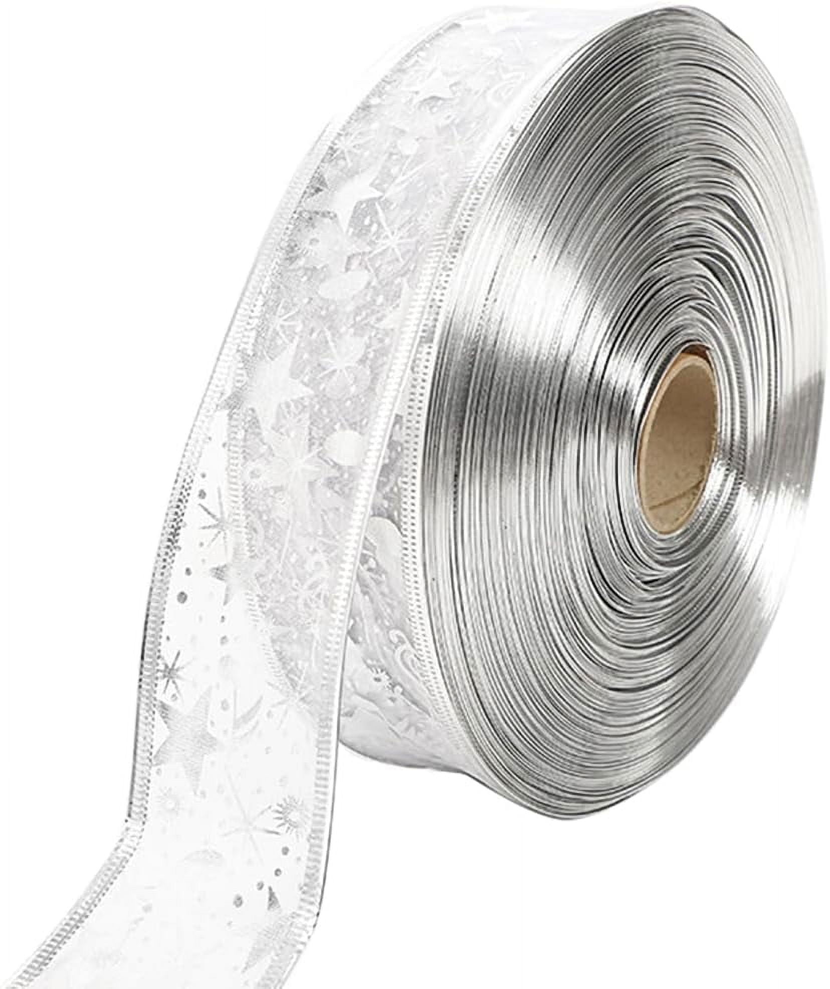 4 Roll 2 Inch Silver Star Ribbon Wired Christmas Transparent Organza Ribbon Wide Music Note ...