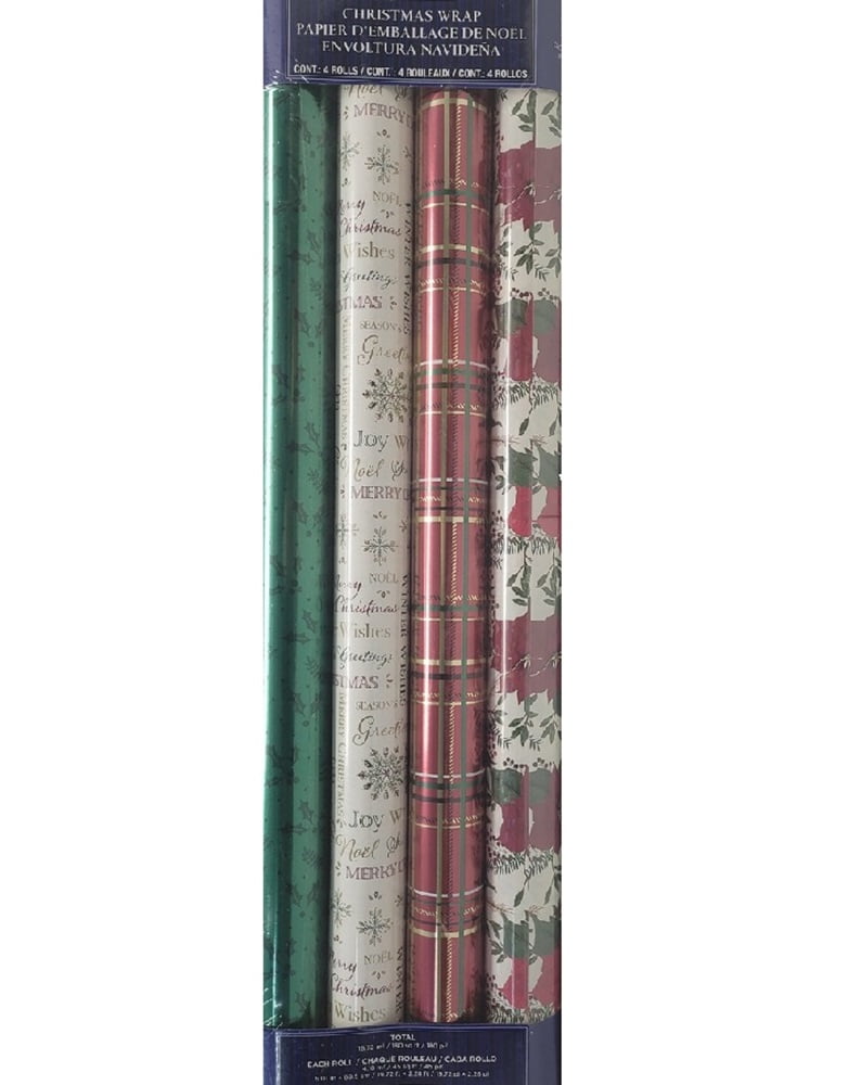 4 Roll Christmas Gift Wrap 180 sq ft Total Poinsettia/Plaid/Off White ...