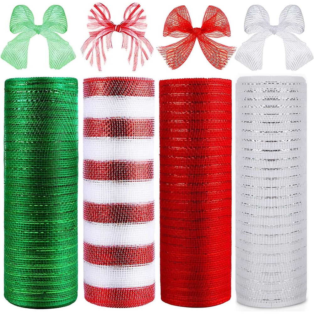 4 Roll Christmas Poly Mesh Ribbon, 10 Inch x 30 Feet Metallic Poly Mesh ...