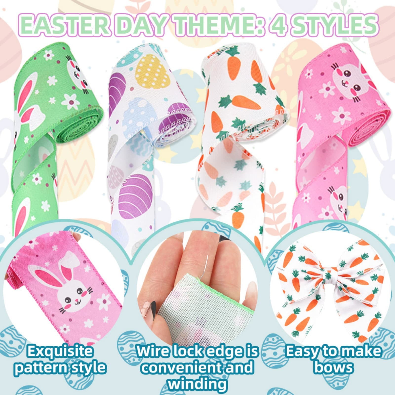 4 Roll Easter Wired Edge Ribbon Easter Egg Bunny Rabbit Carrot Ribbon ...