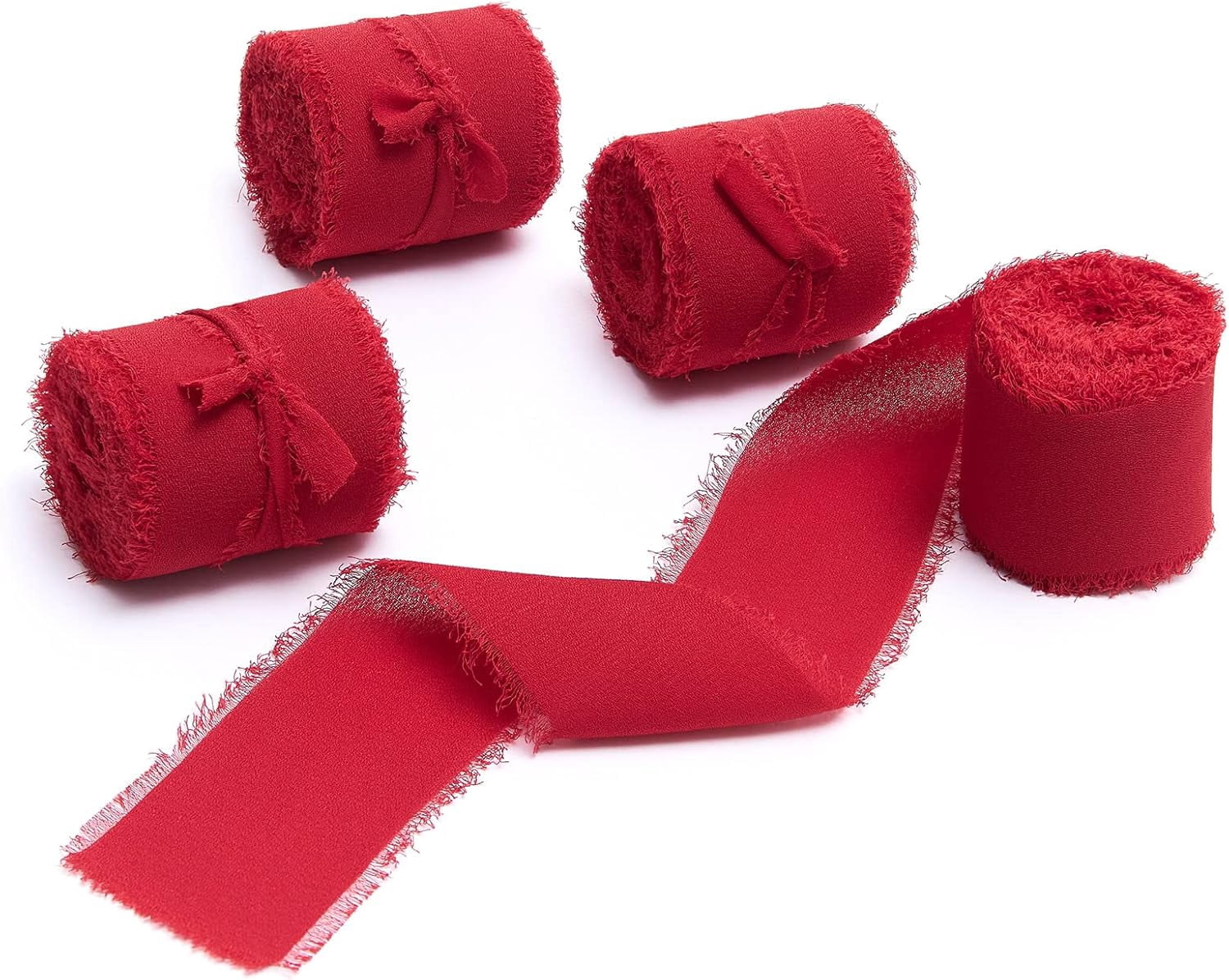 4 Rolls 1.5" W x 5Yd Red Handmade Fringe Chiffon Silk Ribbon, Frayed ...