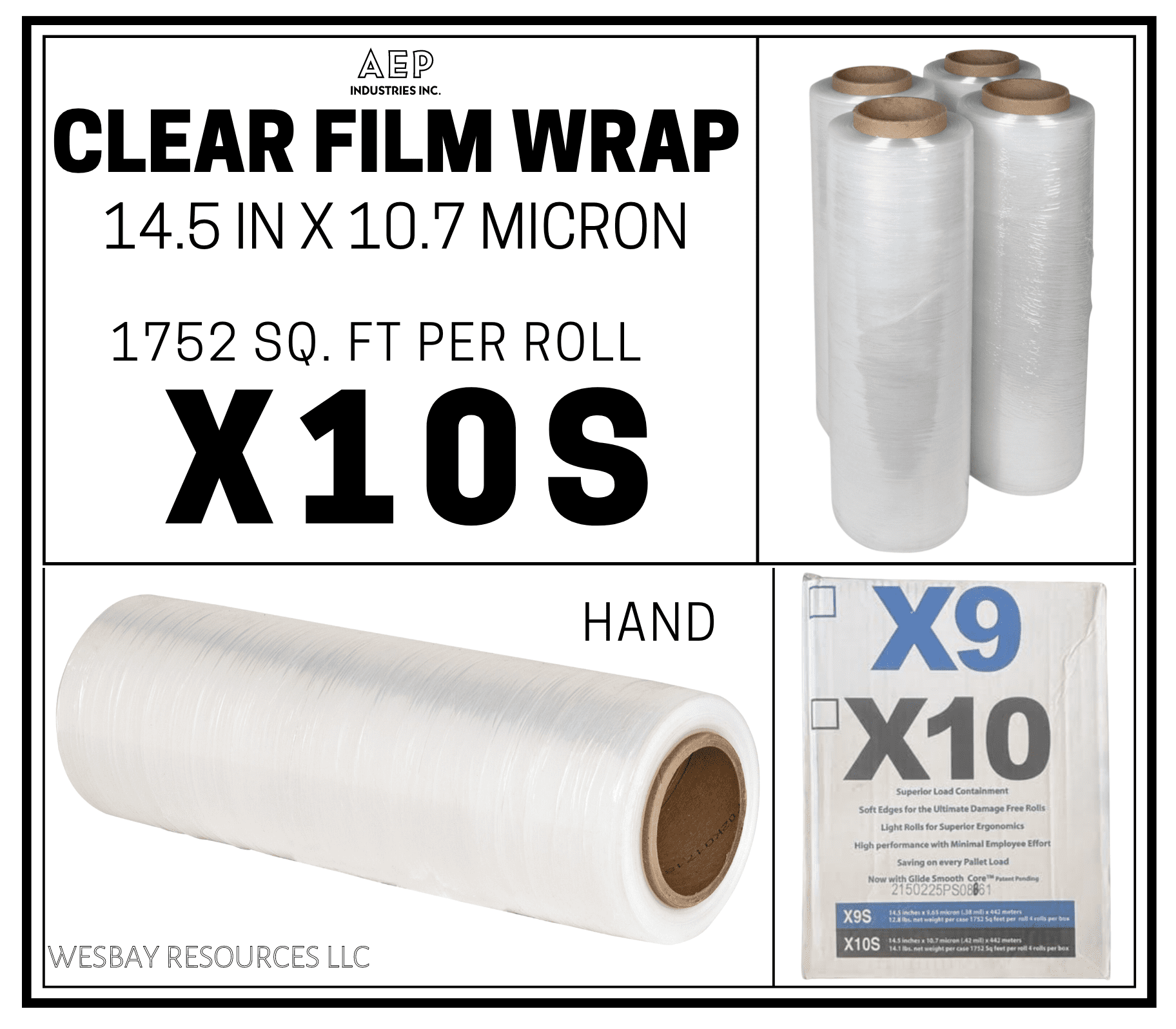 4 Rolls; 14.5"W AES Hand Pre Stretched Clear Stretch Film, X10S, 40 ...
