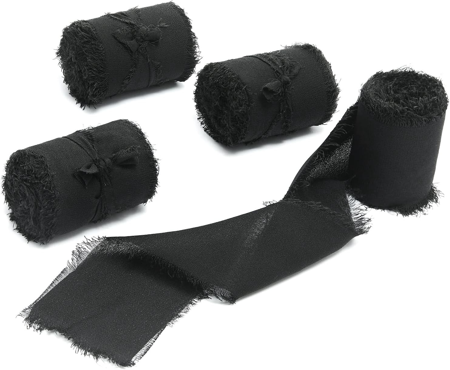 4 Rolls 2" W x 5Yd Black Handmade Fringe Chiffon Silk Ribbon, Frayed ...