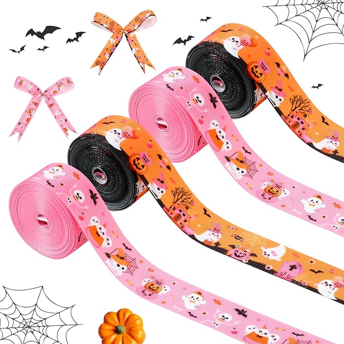 4 Rolls 20 Yards Pink Orange Halloween Grosgrain Ribbon for Girls ...
