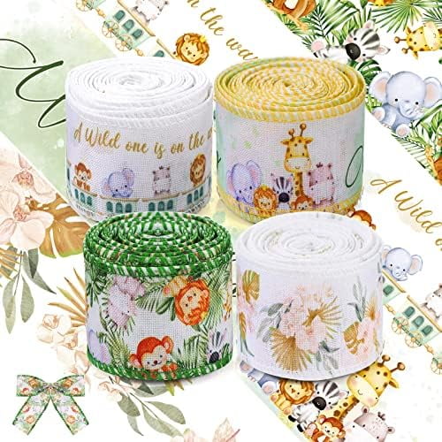 4 Rolls of 20 Yards Safari Animal Theme 1.5 Inch Wide Forest Rib Wired ...
