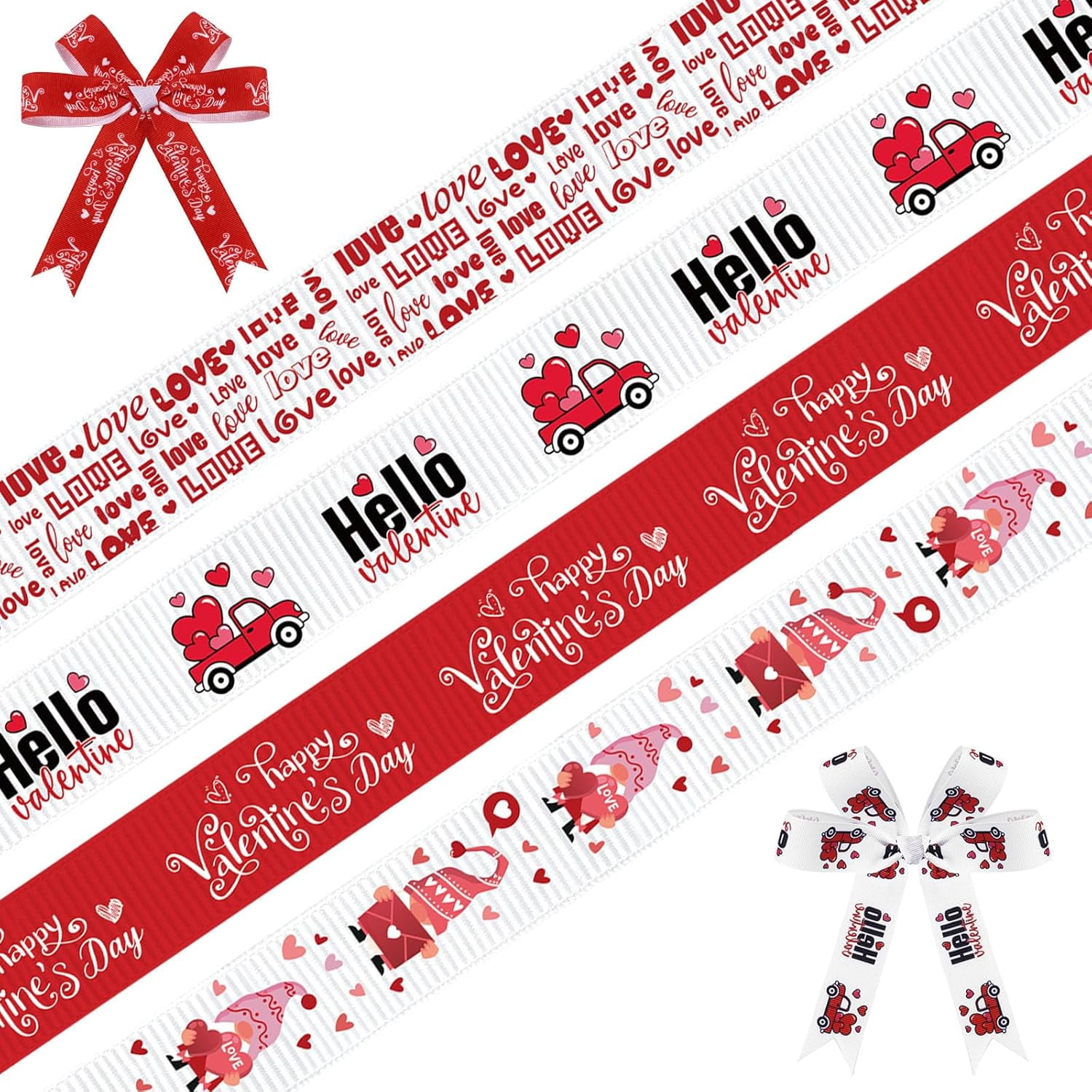 4 Rolls 20 Yards Valentine's Day Grosgrain Ribbon 1 Inch Love Heart ...