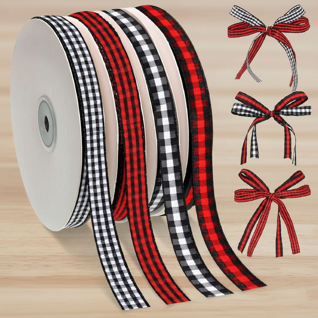 4 Rolls 200 Yards Christmas Buffalo Plaid Checkered Ribbon Black White ...