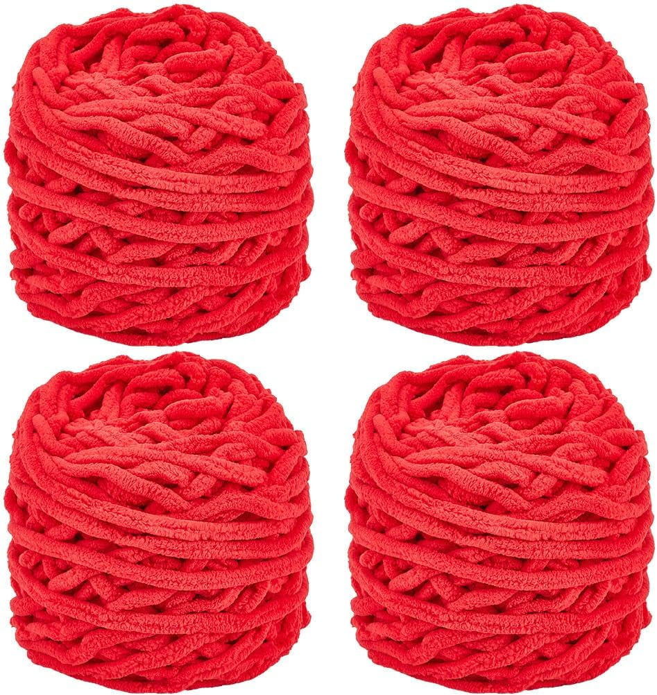 4 Rolls 240M Thick Chenille Yarn Red Bulky Crochet Yarn Polyester ...