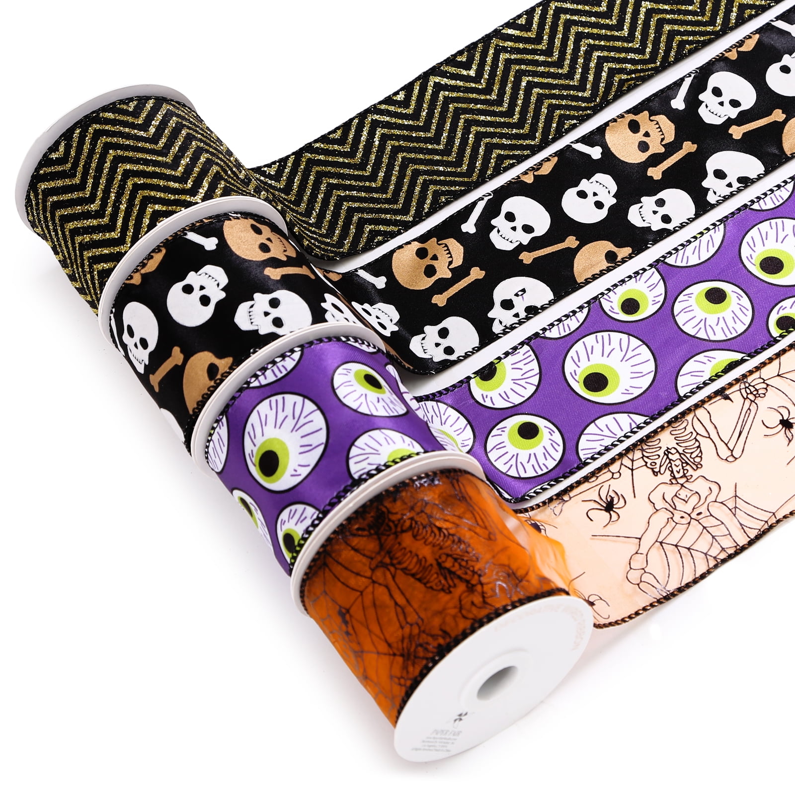 4 Rolls 40 Yards 2.5 Inch Glitter Halloween Wired Edge Ribbons Witch ...