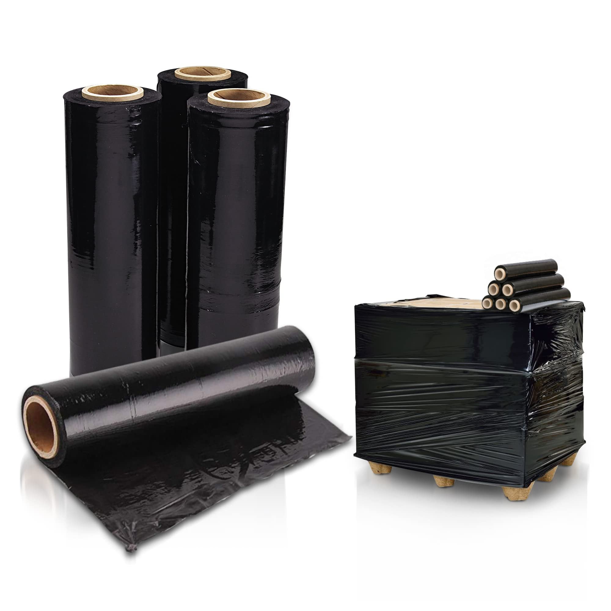 4 Rolls of Blown Hand Stretch Film 15" x 1500'. Black Hand Stretch Wrap, 80 Gauge. Tear ...