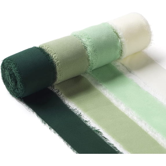 4 Rolls Handmade Fringe Chiffon Ribbon 1" W x 5Yd Per Roll,Green ...