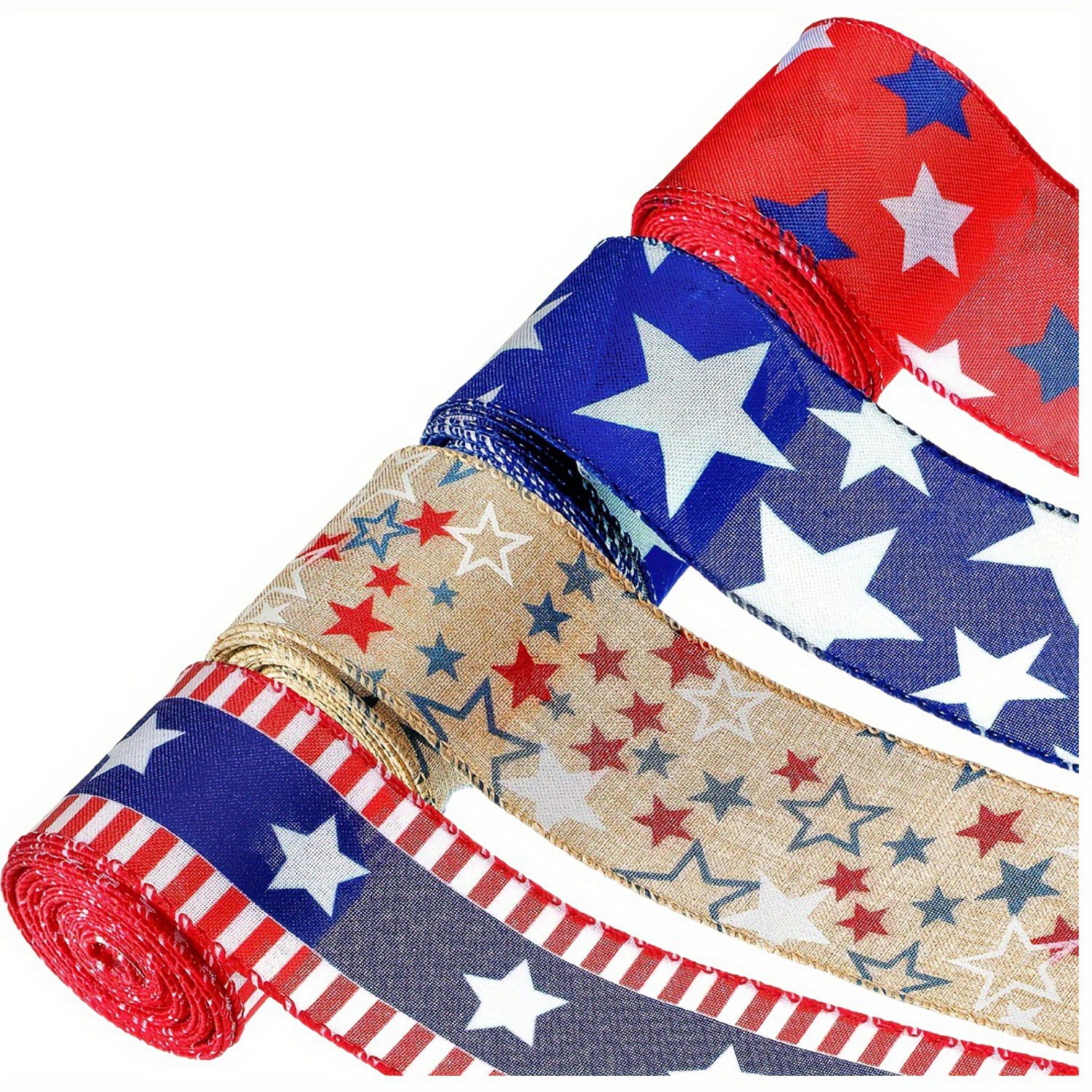 4 Rolls Patriotic Wired Edge Ribbon Stars Stripes Plaid Decorative ...