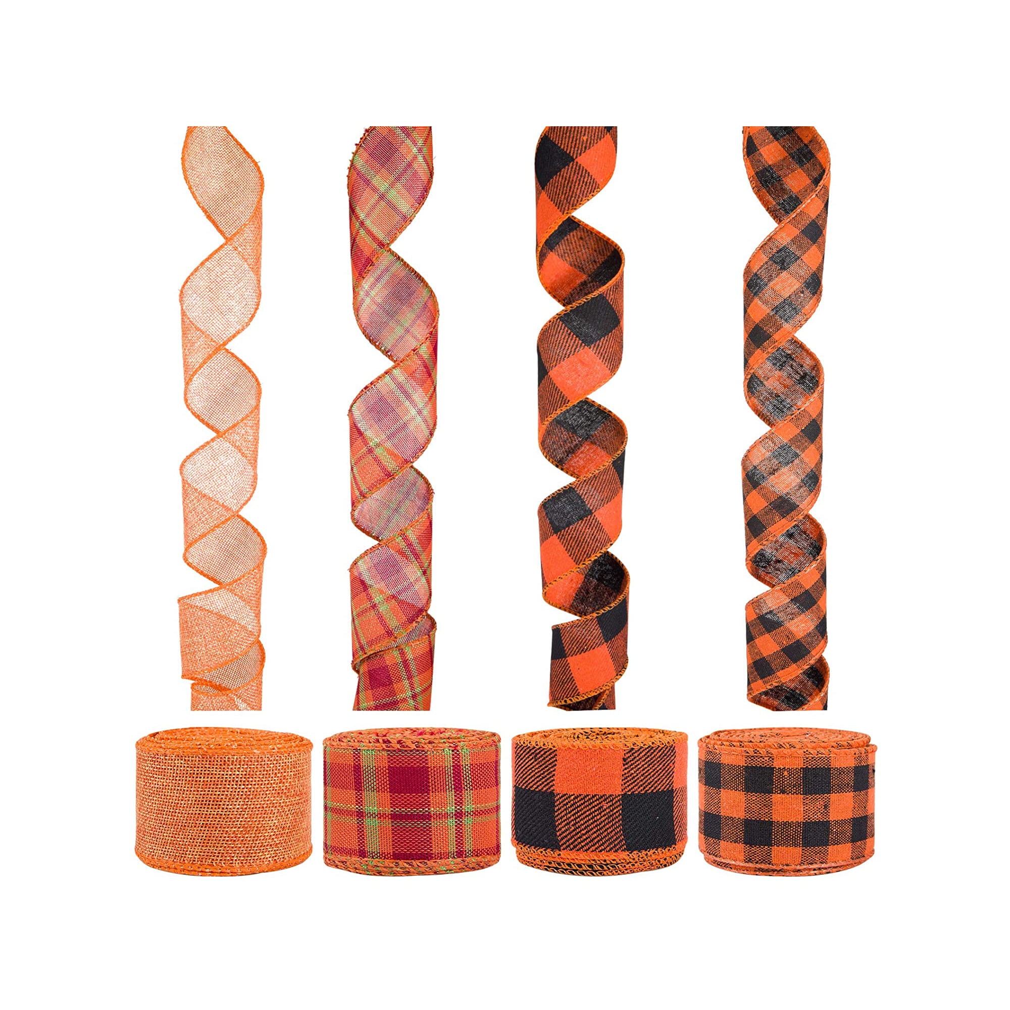 4 Rolls Thanksgiving Fall Wired Ribbon for Craft, 24 Yards Orange ...
