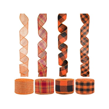 Husfou 4 Rolls Autumn Themed Wired Ribbon, Pumpkin Buffalo Plaid Burlap ...